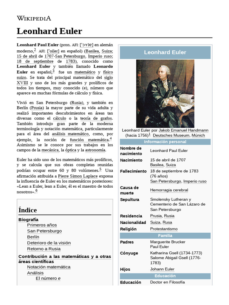 Vida y legado de Leonhard Euler | PDF | Leonhard Euler | Enseñanza de ...