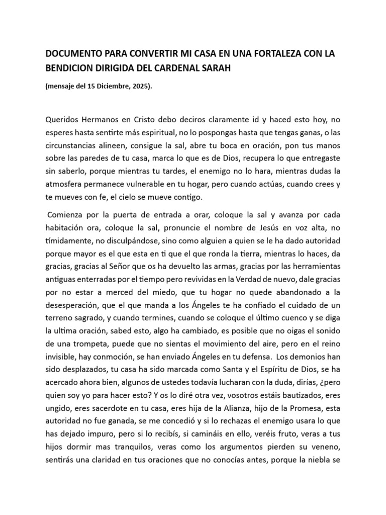 DOCUMENTO PARA CONVERTIR MI CASA EN UNA FORTALEZA CON LA BENDICION DIRIGIDA DEL CARDENAL SARAH ...