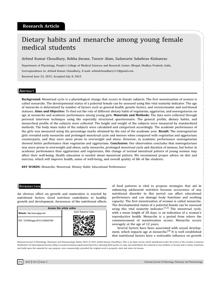 Dietary Habits and Menarche Among Young Female | PDF | Body Mass Index ...