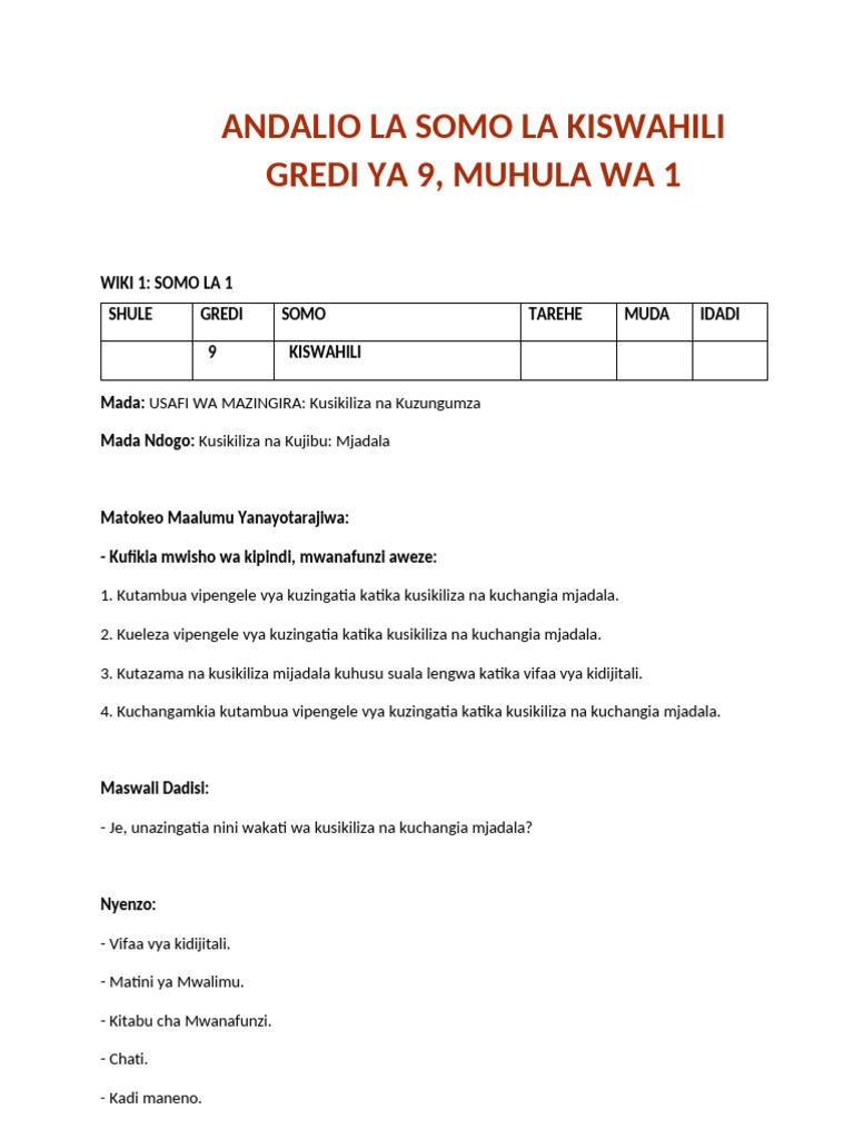 TERM-1-GRADE-9-KISWAHILI-LESSON-PLAN | PDF