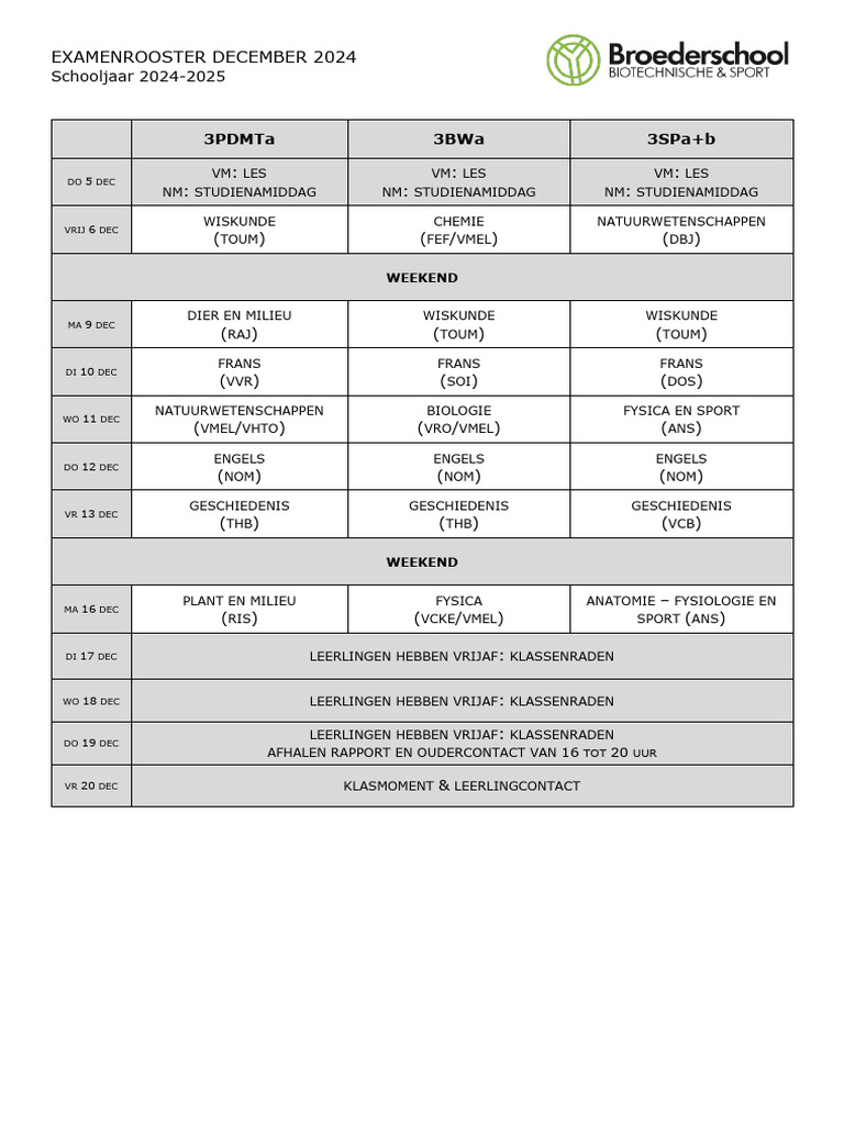 2024 examenrooster 3e jaar D-A D | PDF