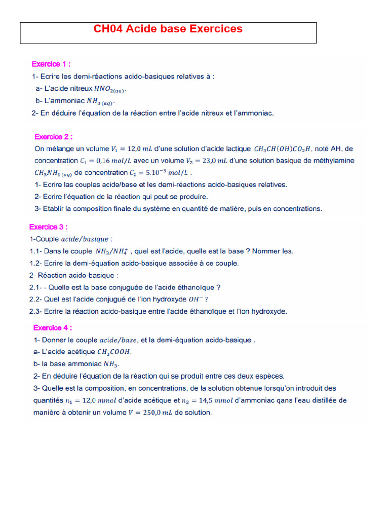 CH04 Acide Base Exercices | PDF