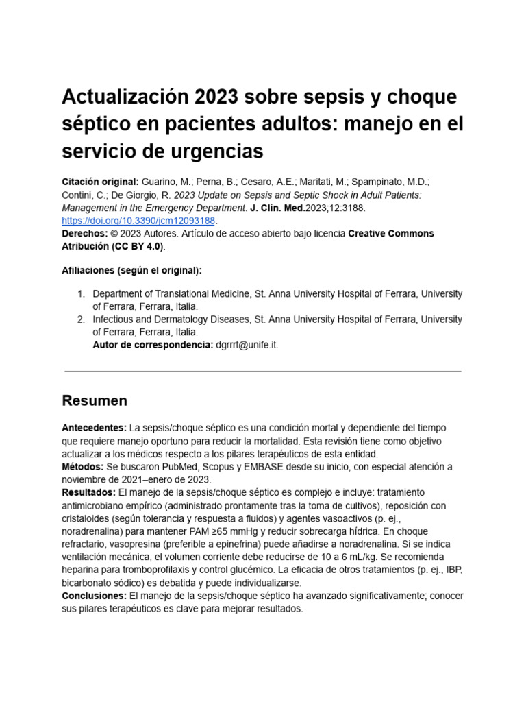Actualización 2023 sobre sepsis y choque séptico en pacientes adultos ...