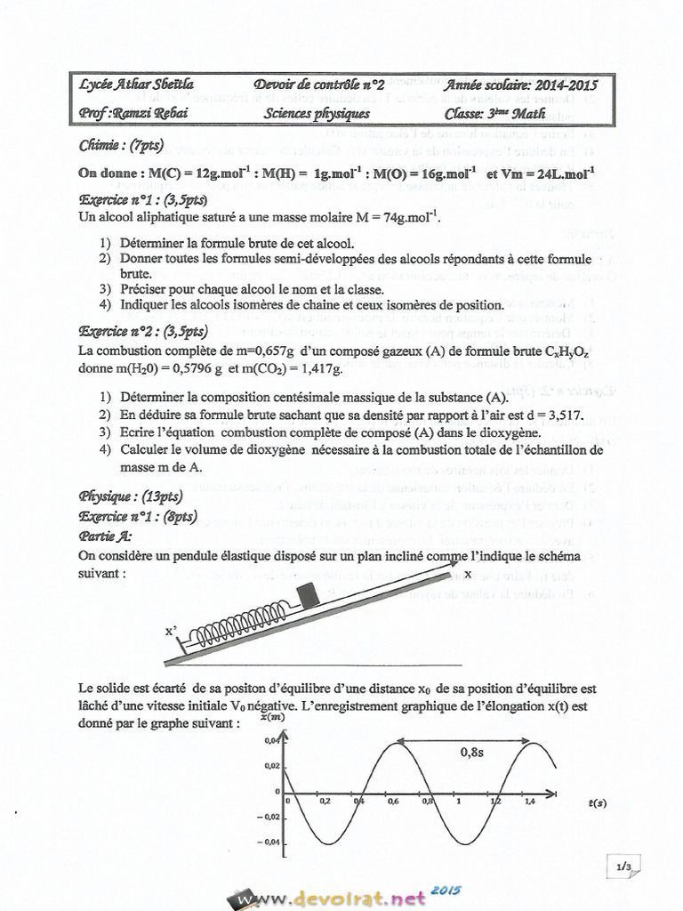 Devoir Corrigé de Contrôle N°2 - Sciences physiques - 3ème Math (2014-2015) Mr RAMZI REBAI | PDF