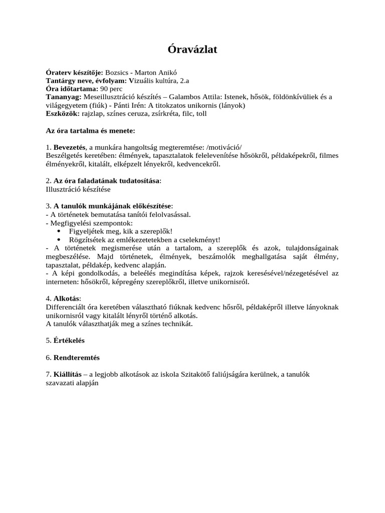 Vizuális Kultúra Óravázlat Bozsics Marton Anikó B.fűzfő Irinyi | PDF