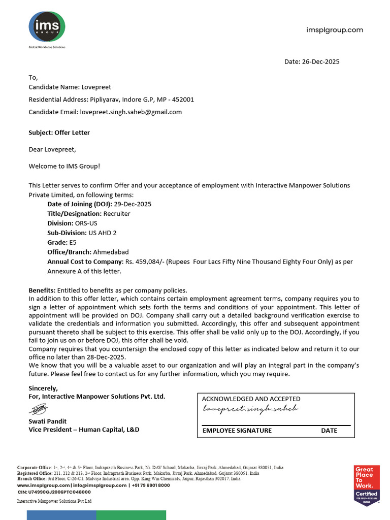 IMS Offer Letter Lovepreet | PDF