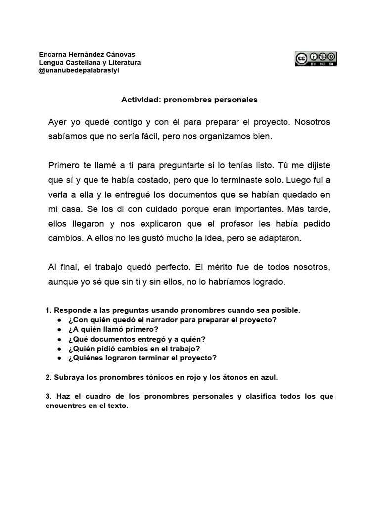Actividades sobre pronombres personales | PDF
