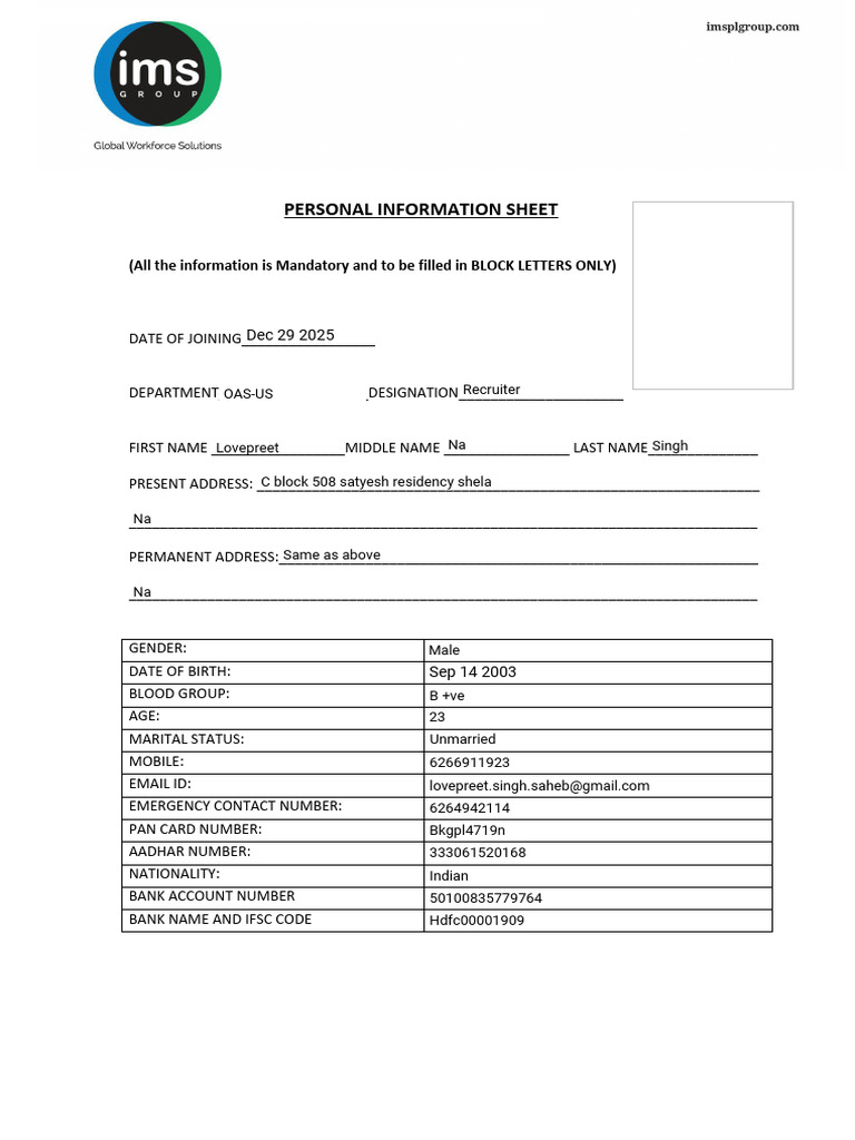 1_IMS Group_Joining Form | PDF