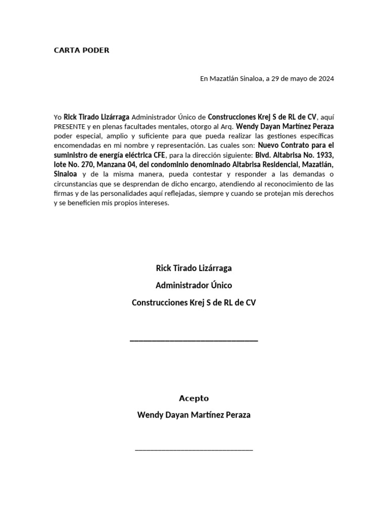 Carta Poder para Gestión de Contrato CFE | PDF