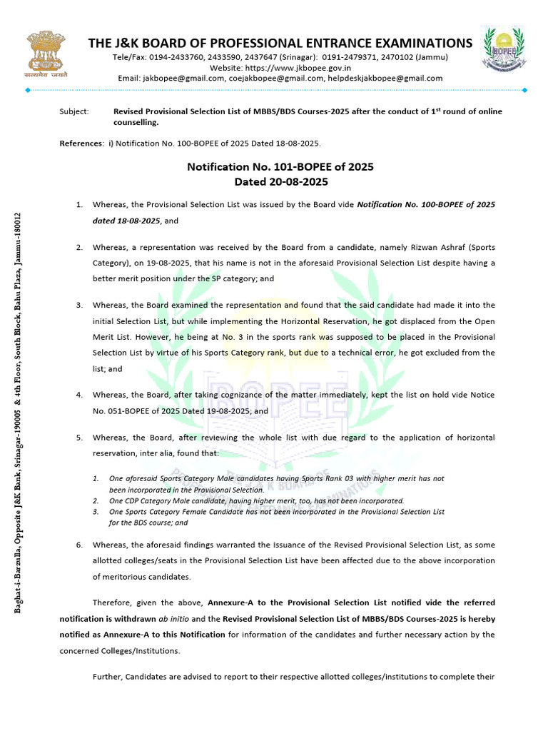 JAMMU & KASHMIR - REVISED PROVISIONAL ALLOTMENT LI_250821_055111 | PDF