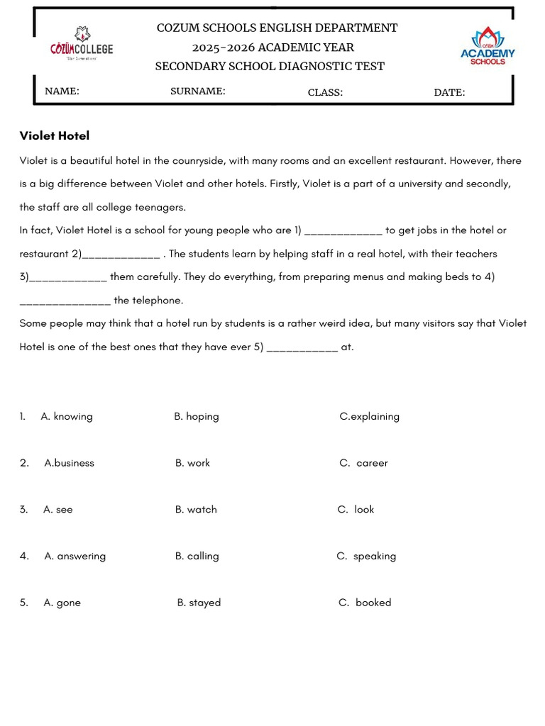 Cozum Schools English Diagnostic Test 2025 | PDF | Sleep | Mars