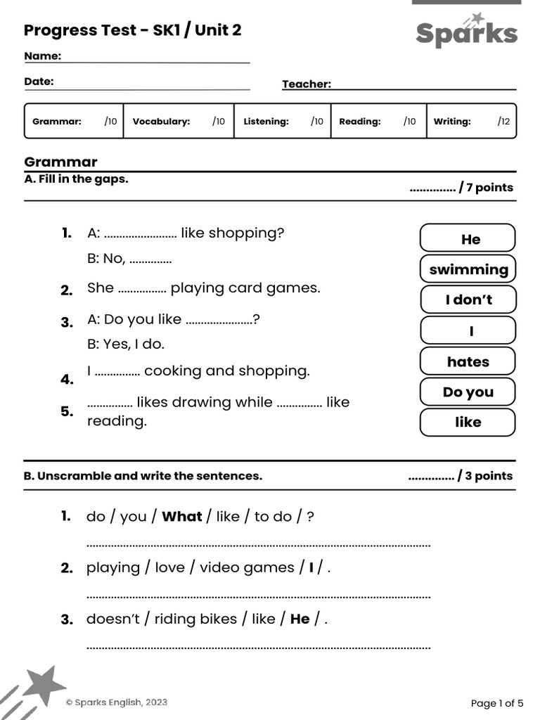 SK1 Unit 2 Progress Test Template | PDF