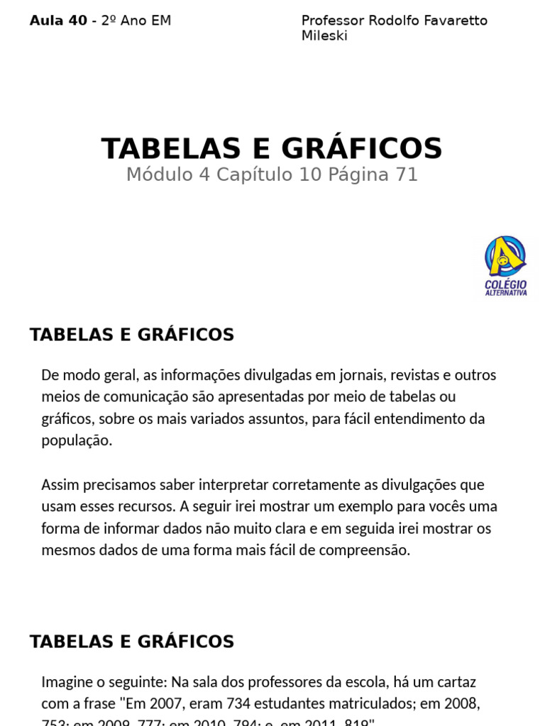 Aula 40 - Tabelas e Gráficos | PDF | Gráfico de pizza | Infográficos