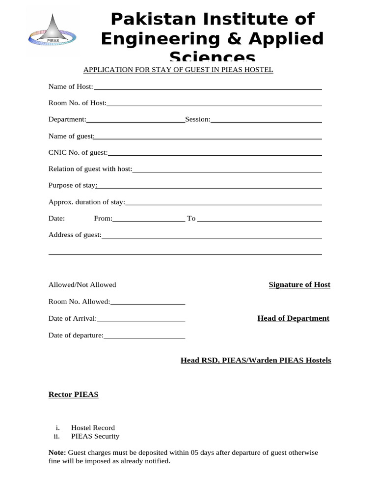PIEAS Hostel Guest Stay Application Form | PDF