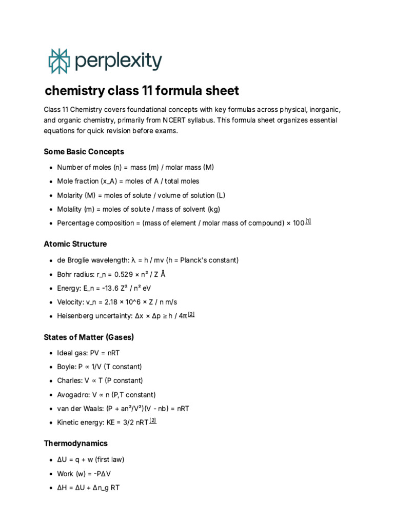 Class 11 Chemistry Formula Sheet Pdf Mole Unit Chemistry