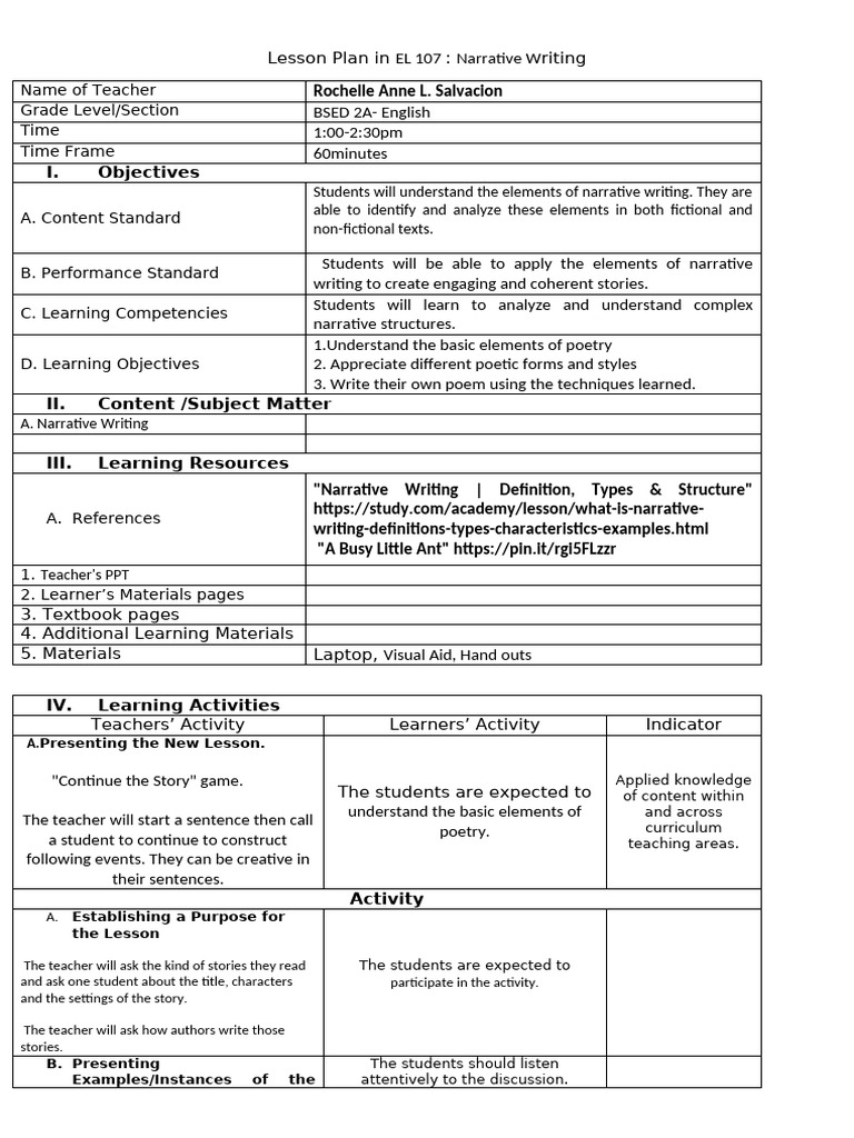 Narrative Writing Lesson Plan | PDF | Narrative | Teachers