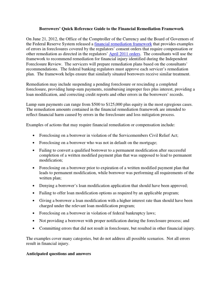 Financial Remediation Framework Summary | PDF | Foreclosure | Business Law