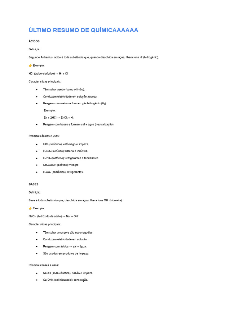 ÚLTIMO RESUMO DE QUÍMICAAAAAA-1 | PDF | Ácido | Hidróxido de sódio