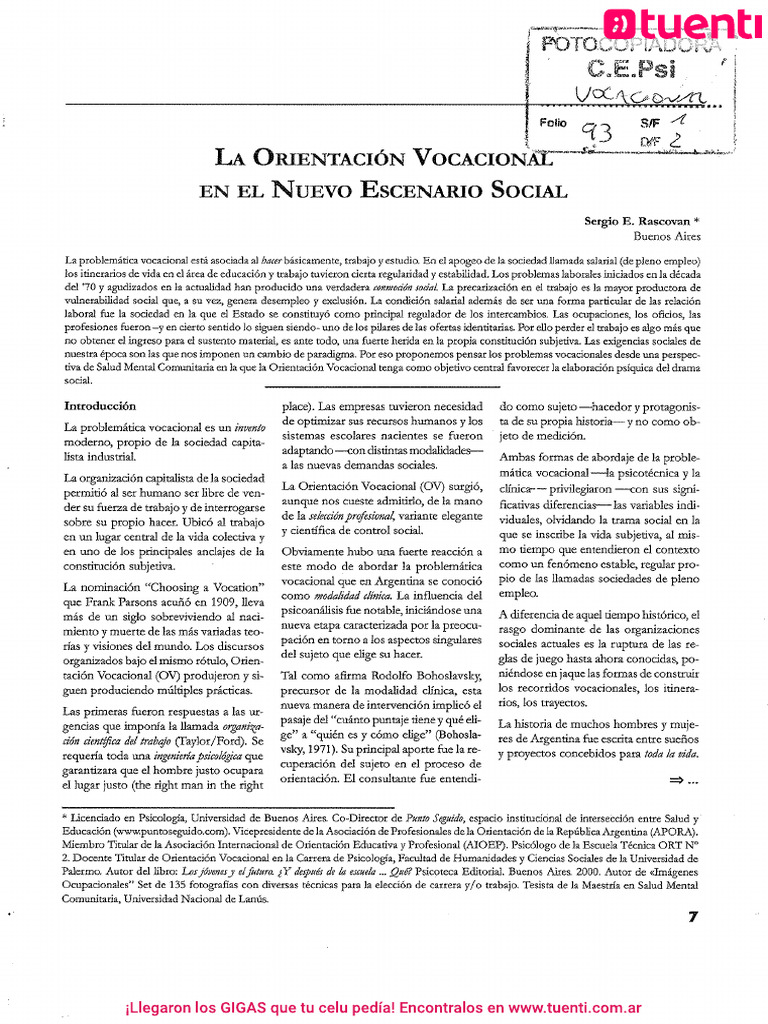 93. RASCOVAN (2004). La Orientación Vocacional en El Nuevo Escenario ...