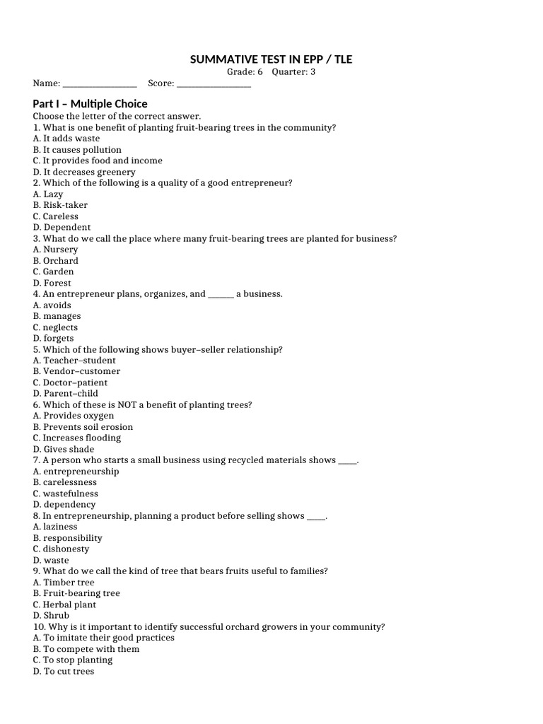 Grade 6 EPP/TLE Summative Test | PDF | Trees | Natural Environment
