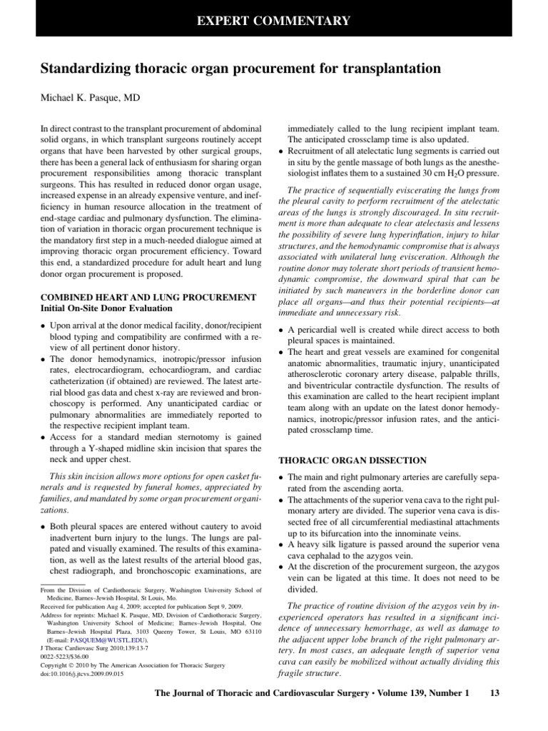 Standardizing Thoracic Organ Procurement for Transplantation Pasque ...