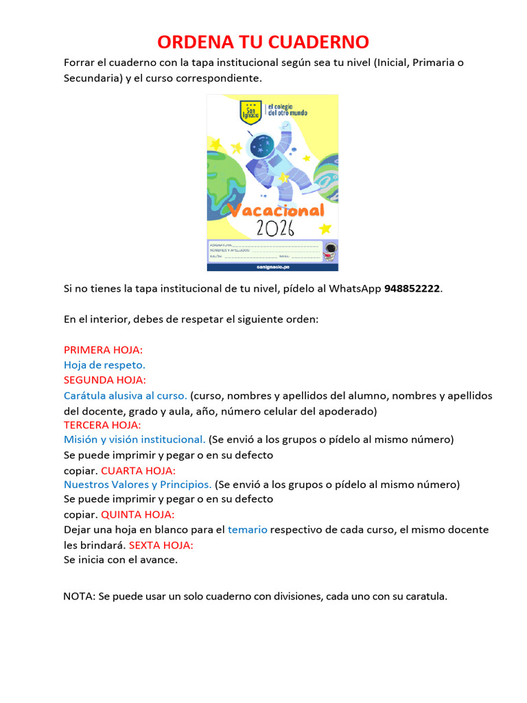 Ordena Tu Cuaderno 2026 - San Ignacio (2) | PDF