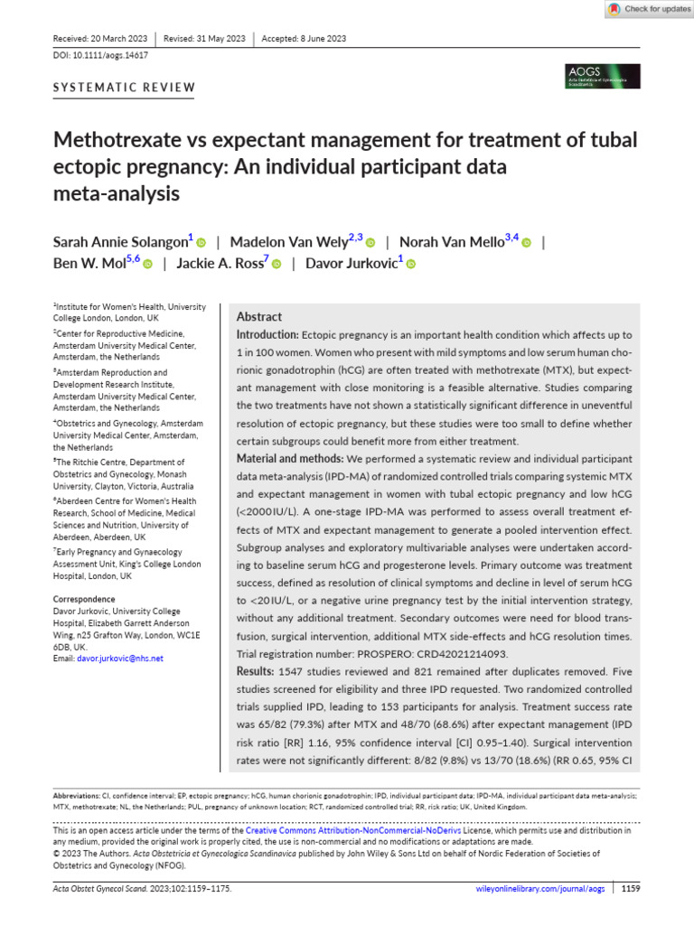 Methotrexate vs Expectant Management for Treatment of Tubal Ectopic ...