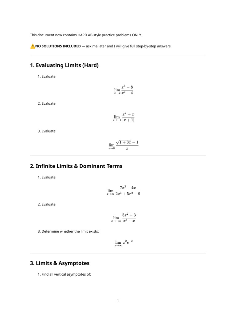 AP Calculus Ab – Practice Problems by Topic | PDF | Acceleration ...