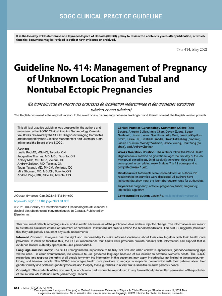 Guideline No. 414: Management of Pregnancy of Unknown Location and ...