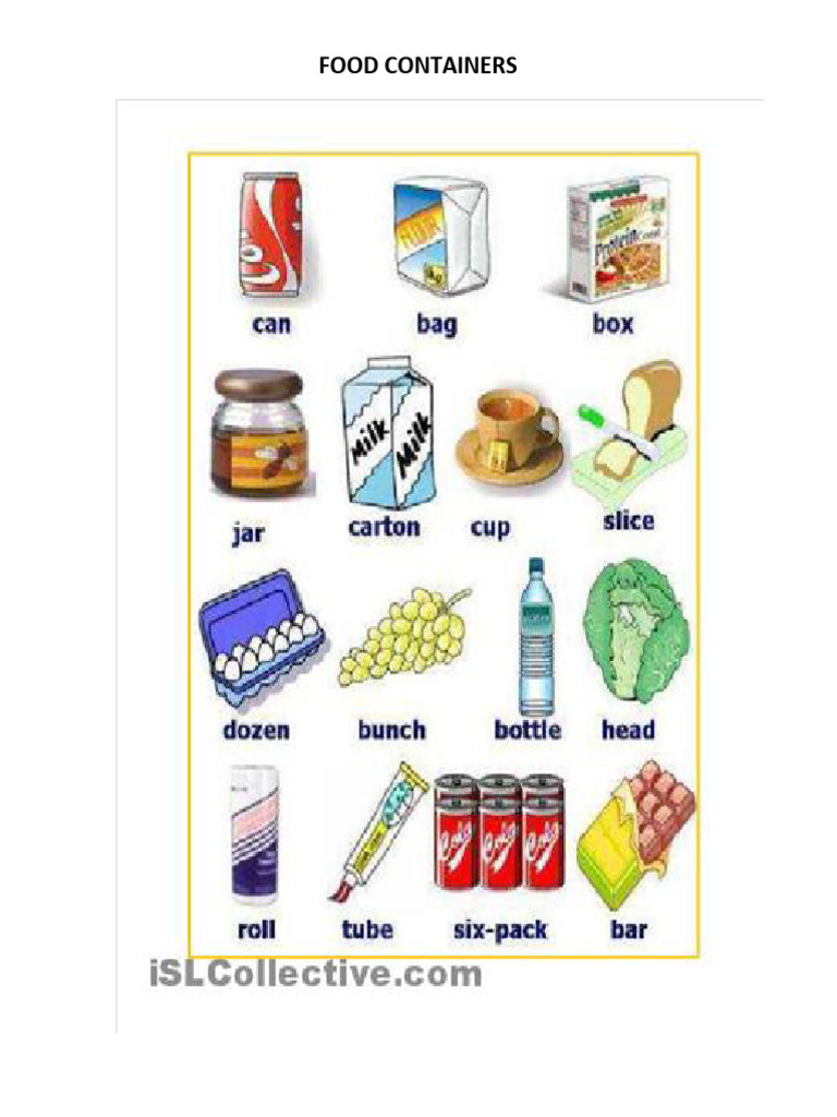 Food Containers Vocabulary | PDF