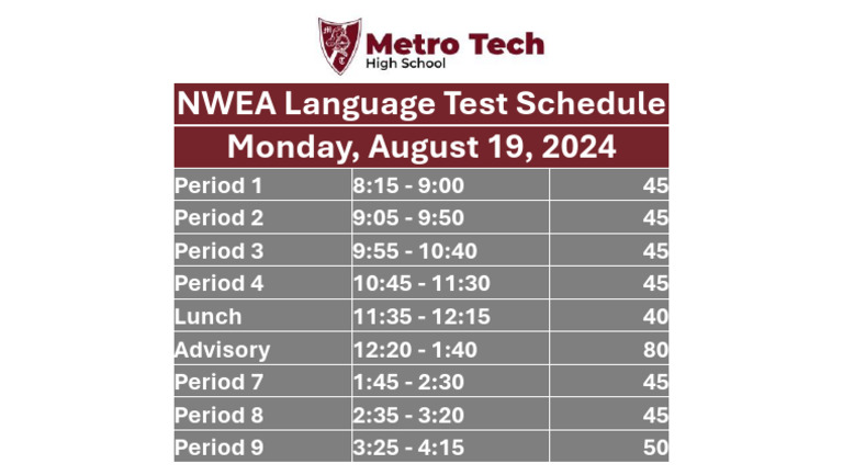 NWEA Language Test - Modified Schedule 8.19.24 | PDF