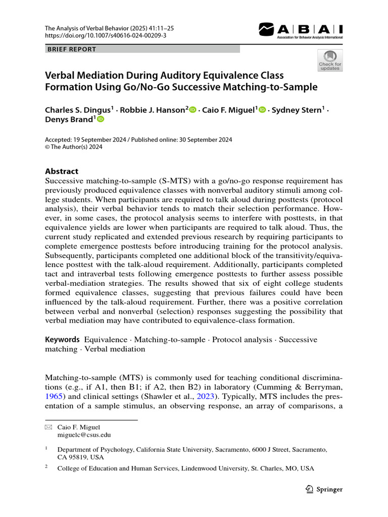 Verbal Mediation During Auditory Equivalence Class Formation Using Go ...