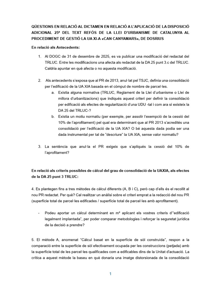 Bateria de Qüestions Sobre El Dictamen Cessió 5 Per Cent Can Canyamars ...