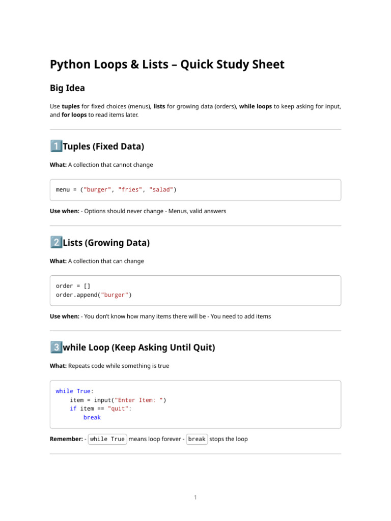 Python While & for Loops Cheat Sheet | PDF