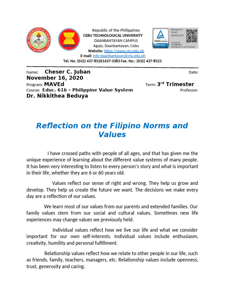 REFLECTION ON THE FILIPINO NORMS AND VALUES | PDF | Love | Value (Ethics)