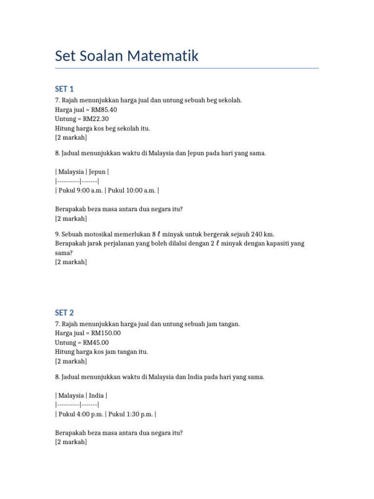 Set Soalan Matematik | PDF
