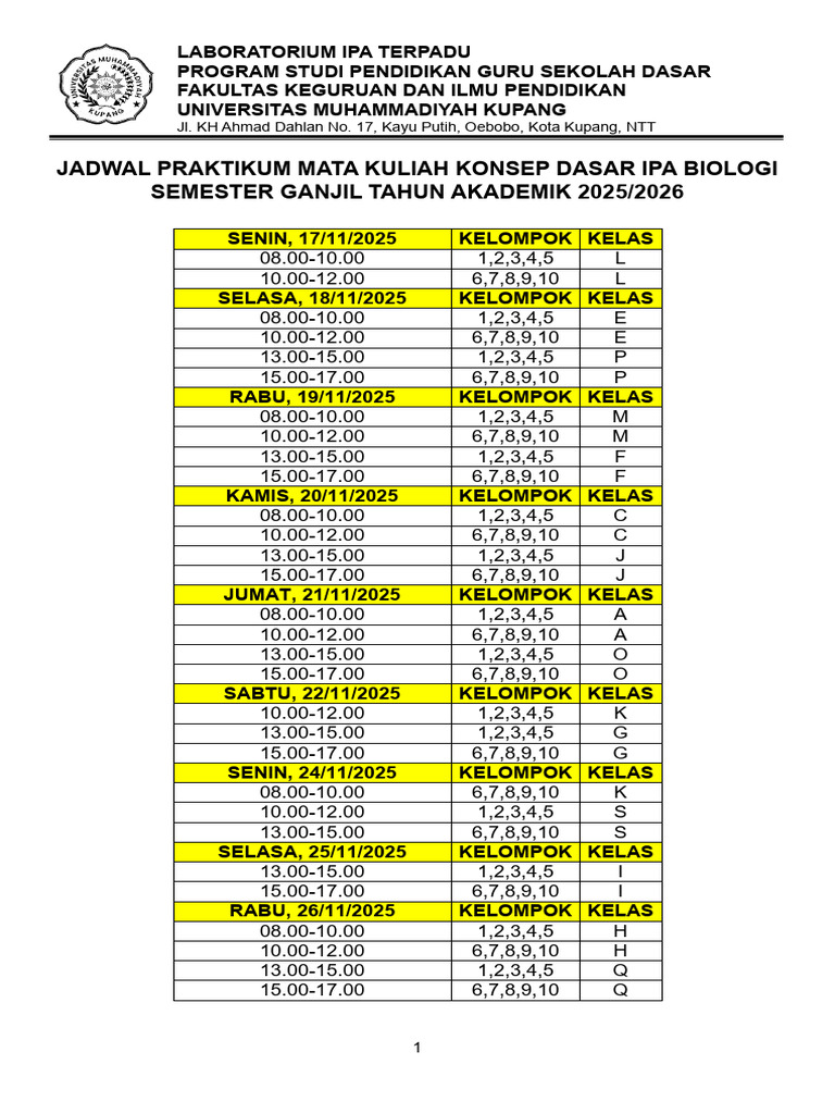 Jadwal Praktikum Biologi 2025 | PDF