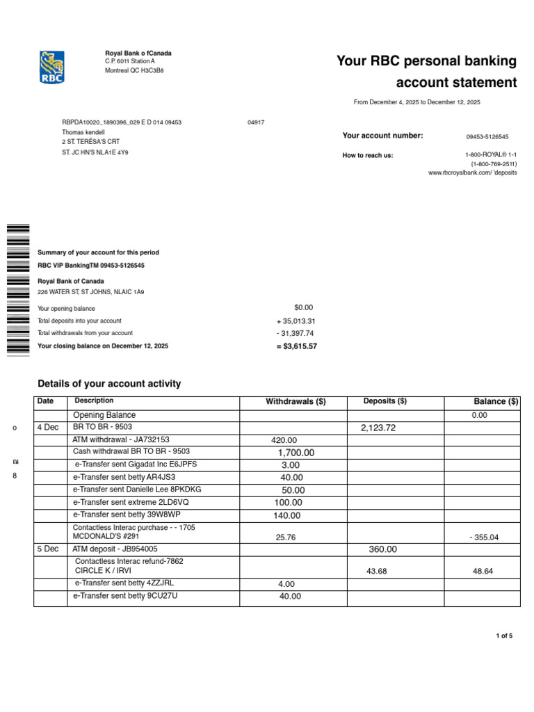 RBC Account Statement Summary | PDF | Banking | Financial Technology
