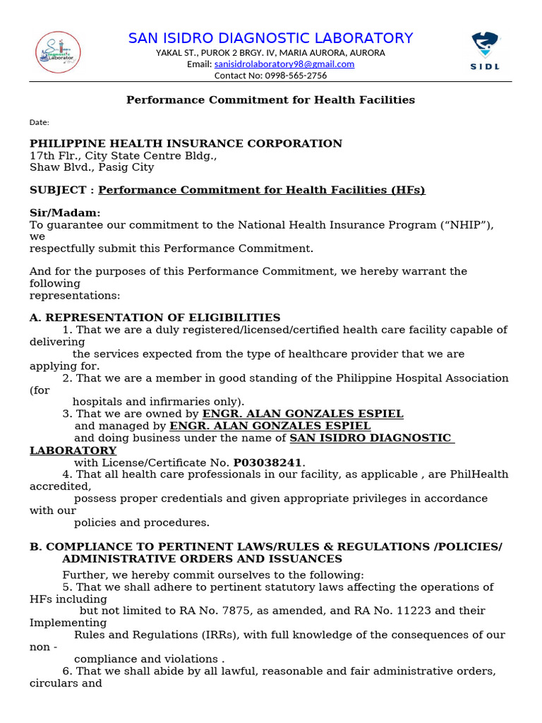 Performance Commitment for Health Facilities | PDF | Patient | Hospital