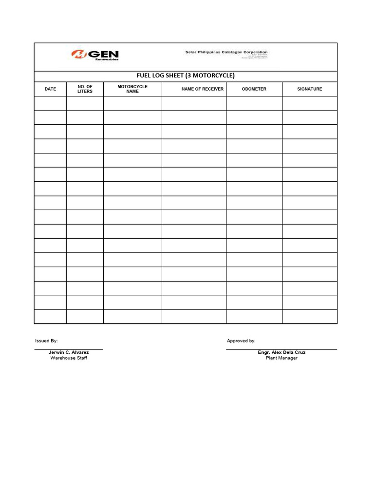 Motorcycle Fuel Log Sheet Template | PDF