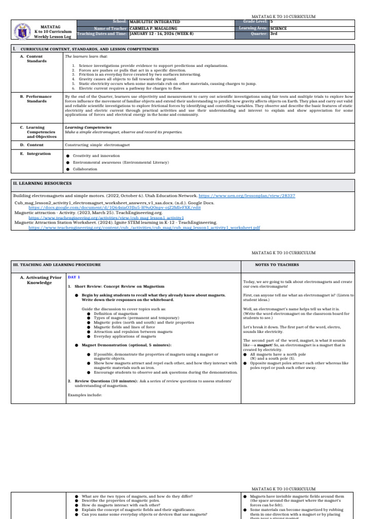 DLL Matatag - Science 5 q3 w8 | PDF | Atoms | Magnet