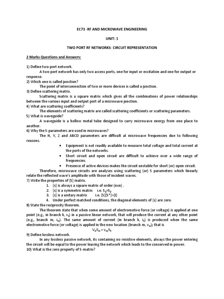 Ec73 Rf And Microwave Engineering Unit 1 Two Port Rf Networks Circuit Representation 2 Marks