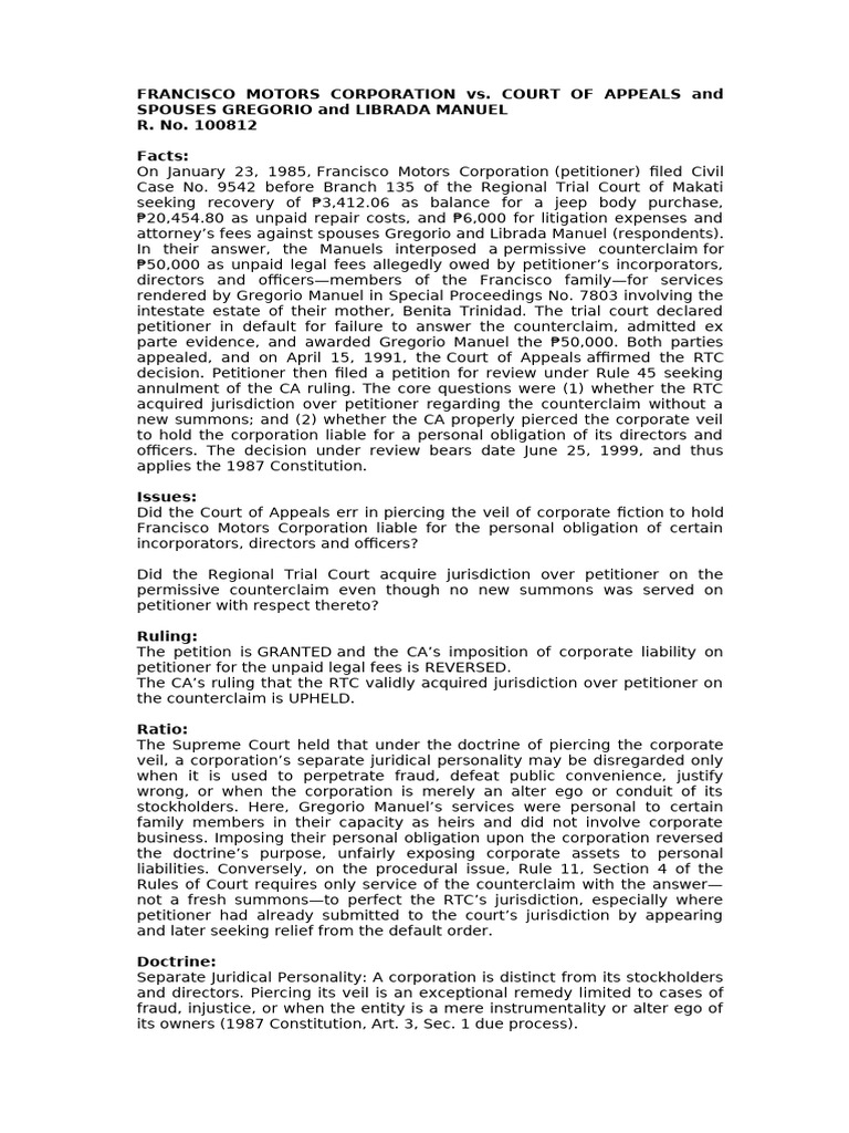 Corpo Case Digest Part 1 Done Printing | PDF | Piercing The Corporate ...