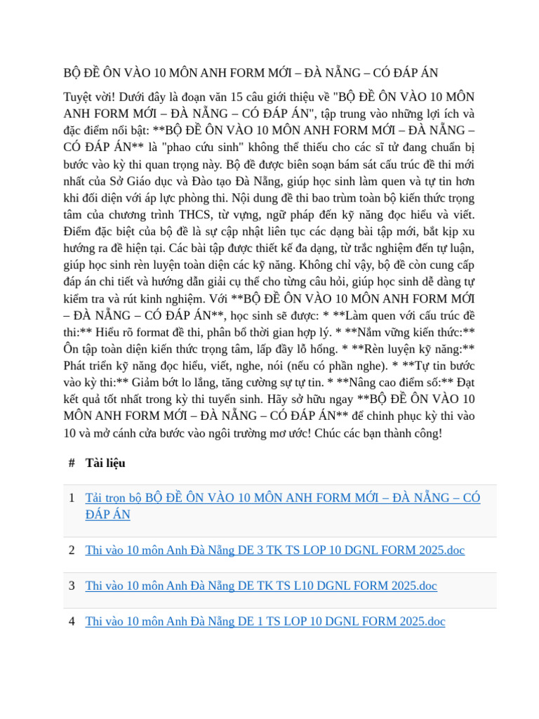 Bộ Đề Ôn Vào 10 Môn Anh Form Mới - Đà Nẵng - Có Đáp Án | PDF
