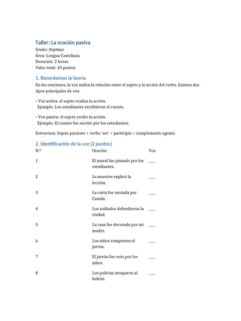 Taller Oracion Pasiva | PDF | Asunto (gramática) | Verbo