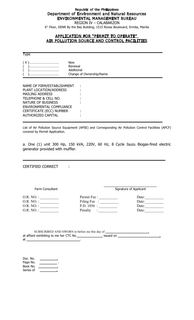 Application For Permit To Operate Form | PDF
