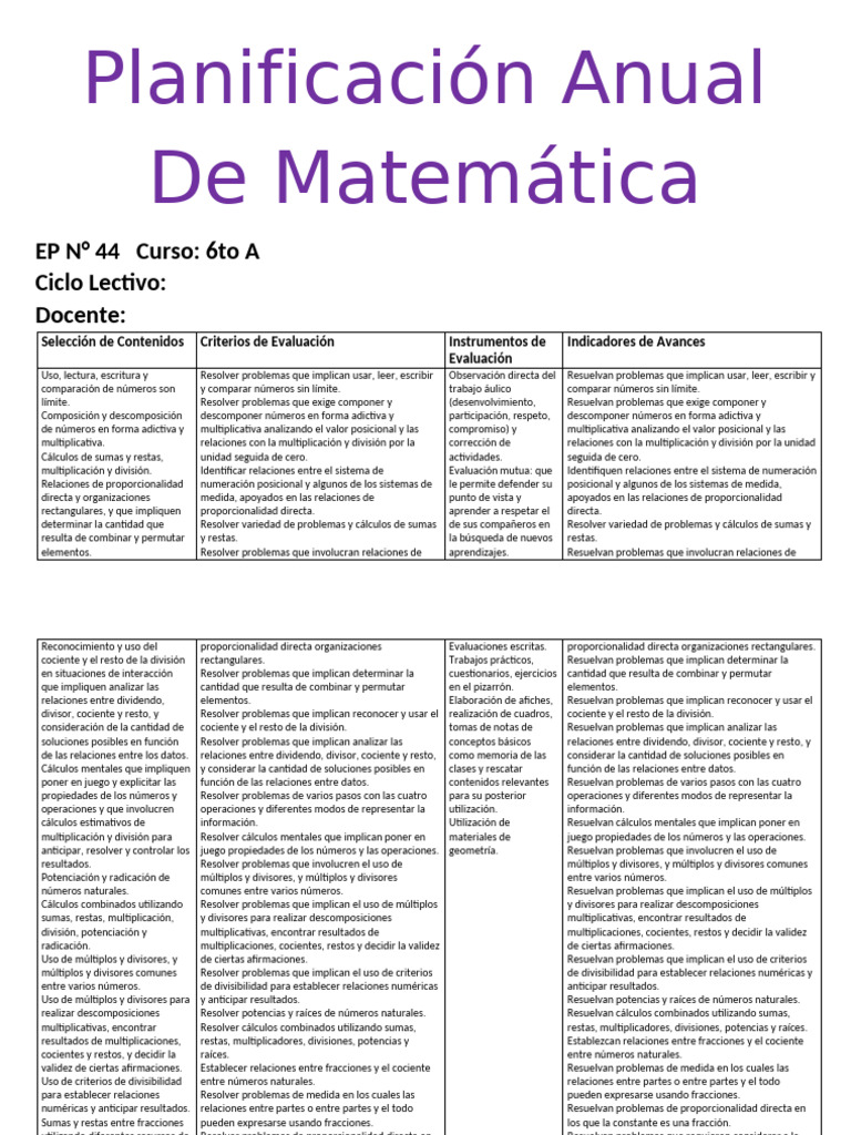 Planificación Matemática 6to A 2023 | PDF | División (Matemáticas ...