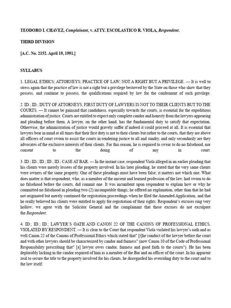 Chavez vs Viola, 196 SCRA 10, 1991 | PDF | Lawyer | Complaint