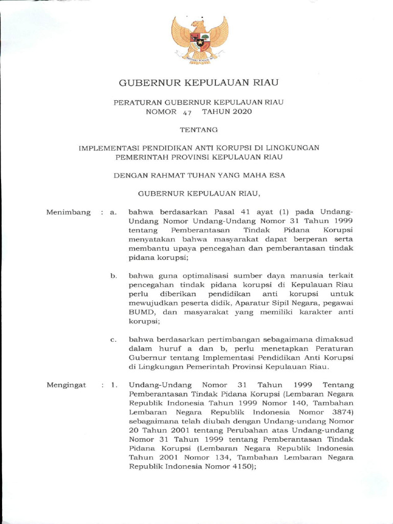 Pergub Nomor 47 TH 2020 TTG Implementasi Pendidikan Anti Korupsi Di ...