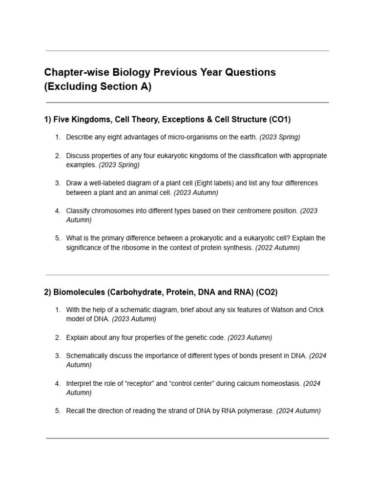 Chapter-Wise Biology Previous Year Questions (Excluding Section A ...